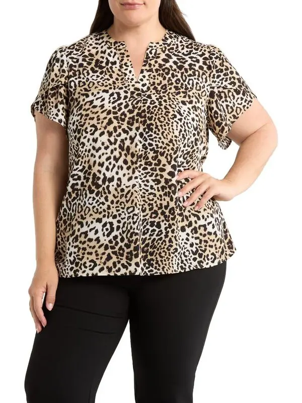Anne Klein Leopard Print Tulip Sleeve Popover Top - Anne Black Multi