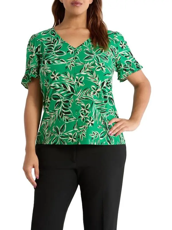 Anne Klein Tropical Floral V-neck Knit Top - Tropical Green Multi