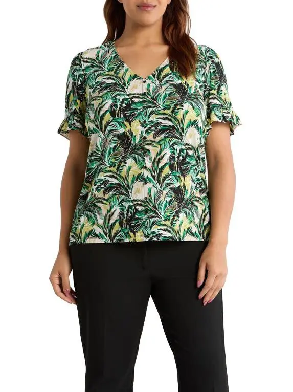 Anne Klein Ruffled Cuff Short Sleeve V-neck Blouse - Tropical Green Multi
