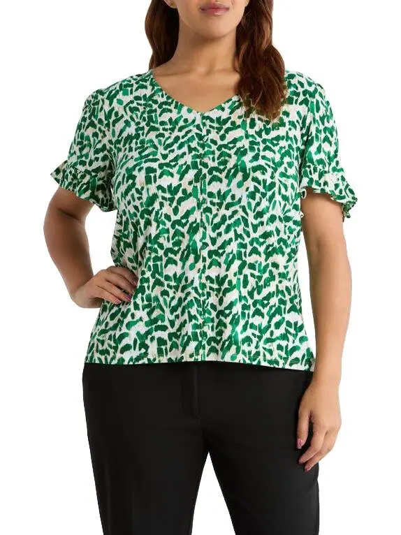 Anne Klein Floral Print V-neck Ruffle Trim Top - Tropical Green Multi
