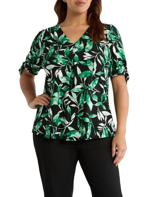 Anne Klein Tropical Print V-neck Knit Top With Tie Cuffs - Anne Black Multi