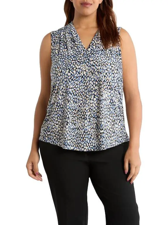 Anne Klein Sleeveless V-neck Top With Ruffle Trim - Blue Jay Multi