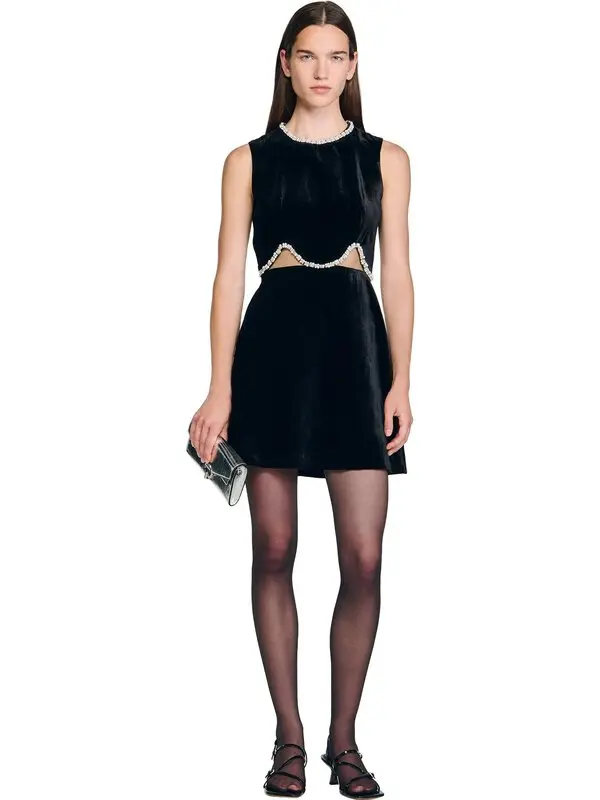 Sandro Velvet Mini Dress With Embellished Cutouts - Black
