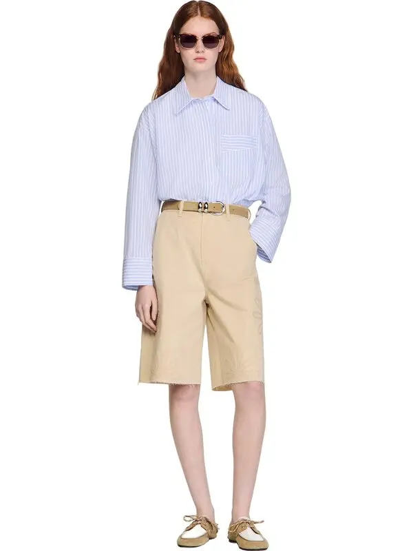 Sandro Cotton Bermuda Shorts With Flower Applique - Beige