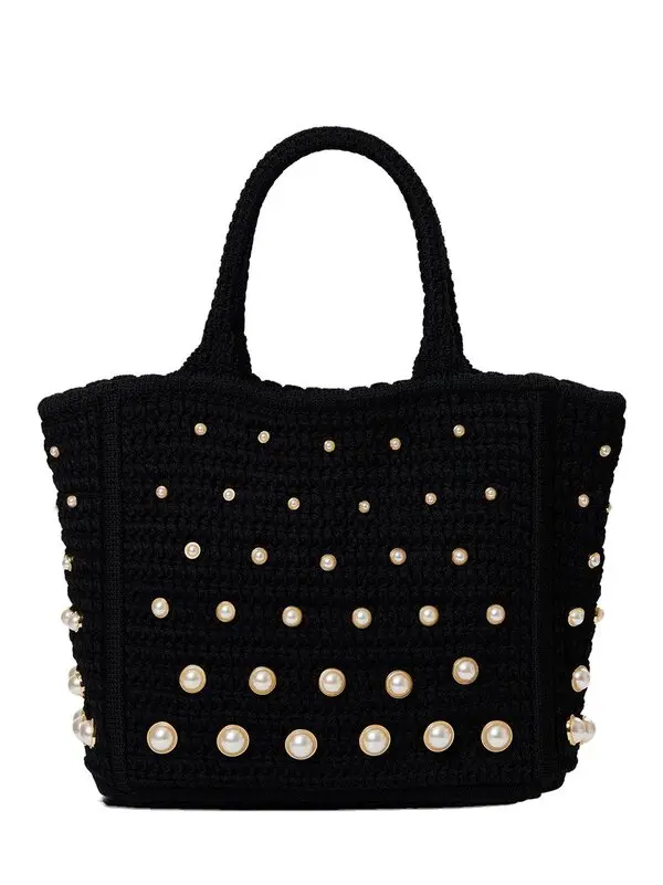 Sandro Beaded Crochet Top Handle Bag - Black