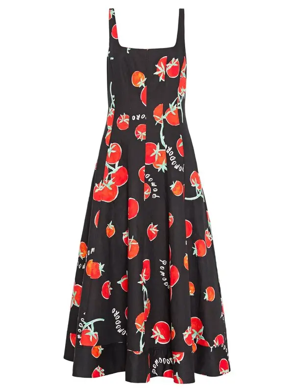 MILLY Nia Printed Cotton Poplin Midi Dress - Black/red