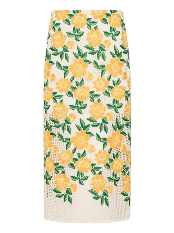 MILLY Marta Embroidered Floral Midi Skirt - Yellow/green