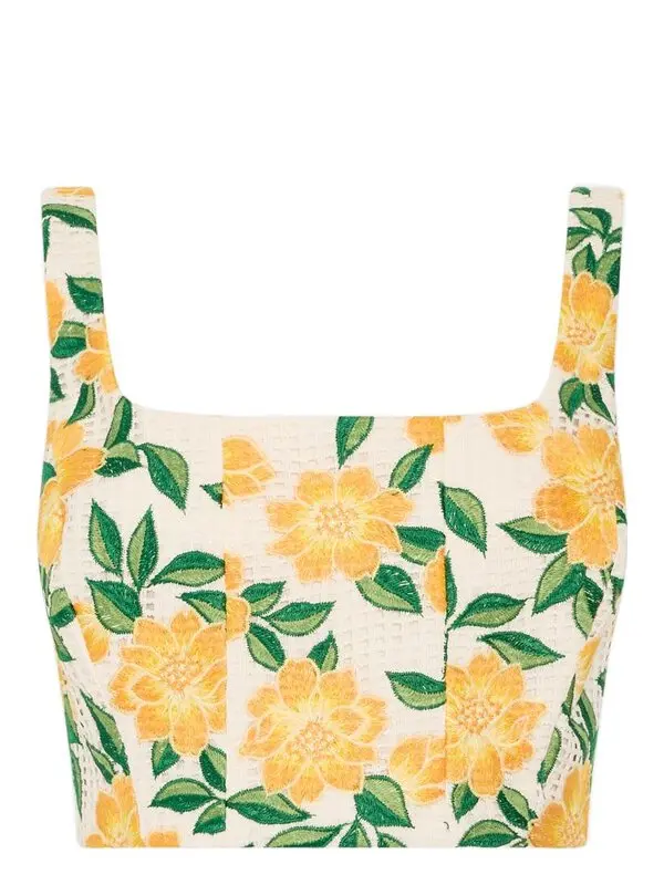 MILLY Mel Embroidered Sleeveless Cropped Top - Yellow/green