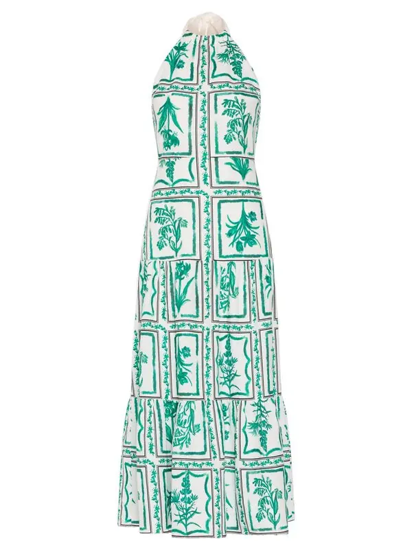 MILLY Hayden Printed Cotton Halterneck Midi Dress - Green/white