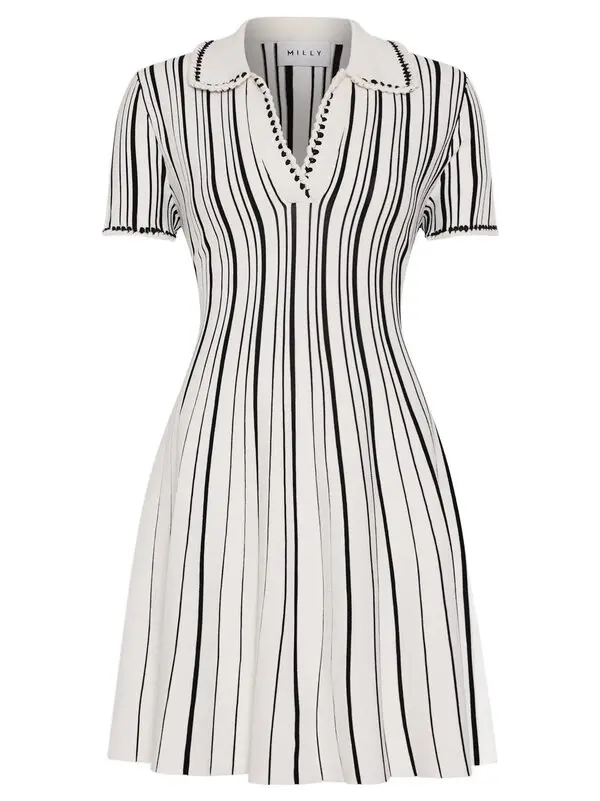 MILLY Kenna Knit Mini Dress With Polo Neckline And Stripes - Black/white