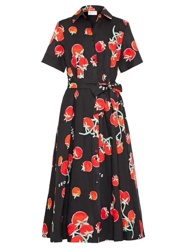 MILLY Lexi Printed Cotton Linen Blend Midi Dress - Black/red