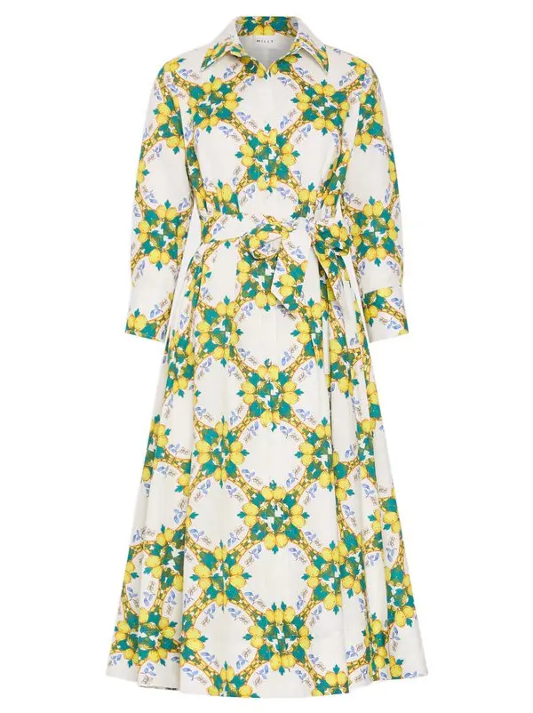 MILLY Lexi Printed Cotton Linen Blend Midi Dress - Yellow