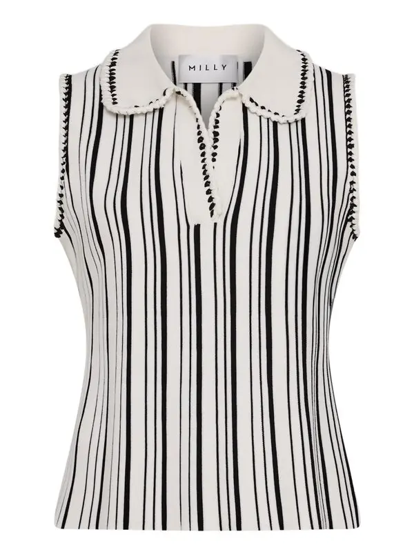 MILLY Kaya Knit Sleeveless Polo Top - Black/white