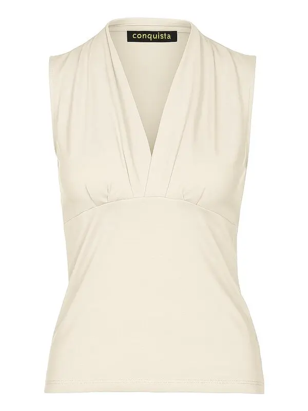 CONQUISTA Sleeveless V-neck Jersey Top With Ruching - White