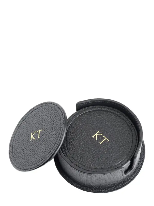 ROYCE NEW YORK Six Round Leather Coasters With Holder - Dark Green