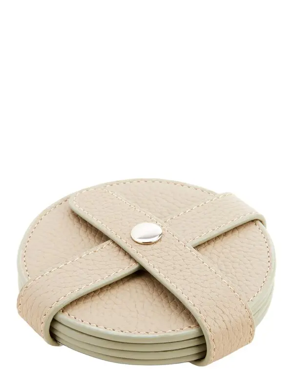 ROYCE NEW YORK Set Of 4 Pebble Grain Leather Round Coasters With Wrap Closure - Taupe