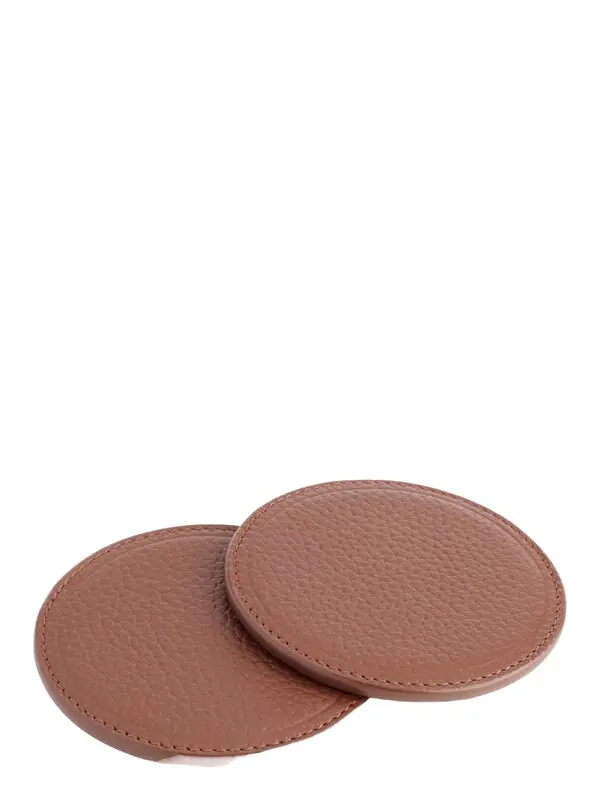 ROYCE NEW YORK Set Of 2 Handcrafted Round Leather Coasters - Tan