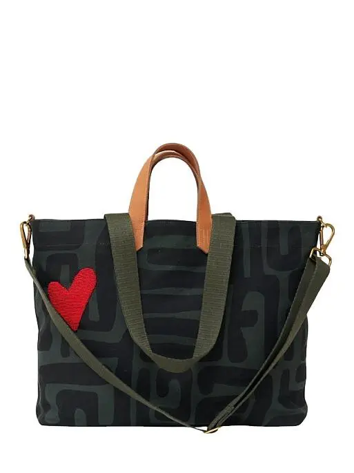 UBUNTU LIFE Carryall Bag In Safari Kuba With Beaded Heart Embellishment - Safari Kuba With Red Beaded Heart