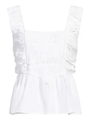 GANNI Sleeveless Square Neck Shirred Top In Organic Cotton - White