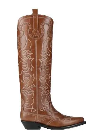 GANNI Leather Embroidered Cowboy Boots - Brown