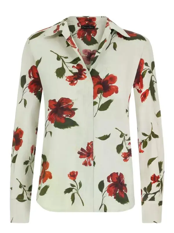 Oscar De La Renta Hibiscus Cotton Poplin Blouse - Blue