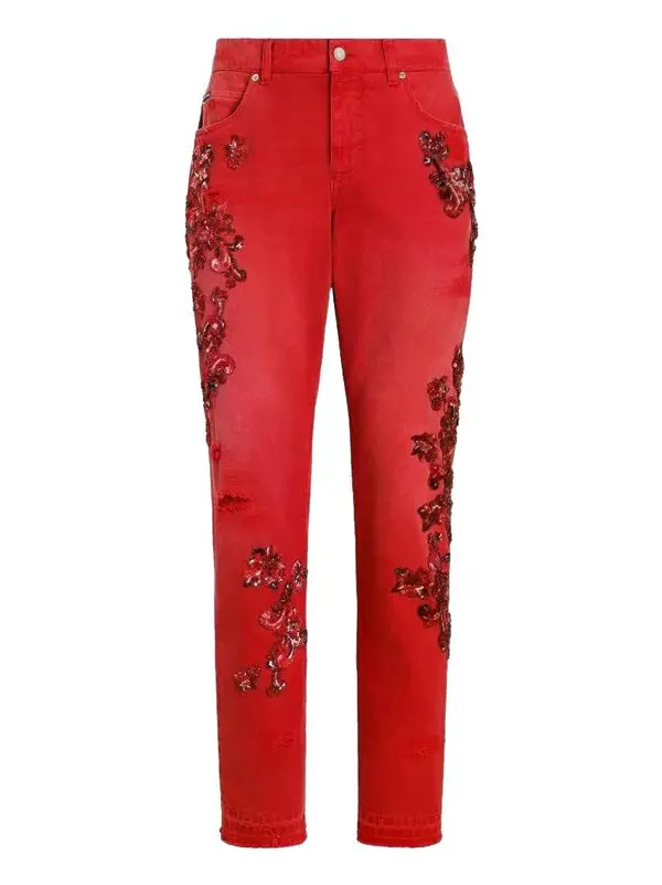 Dolce & Gabbana Denim Trousers With Crystals - Red