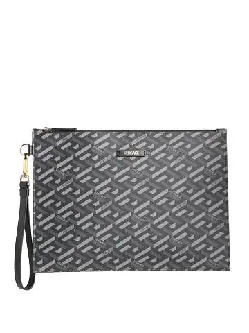 Versace Logo-print Textile Fibers Wristlet Clutch - Grey
