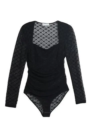 GANNI Lace Bodysuit With Square Neckline And Long Sleeves - Black