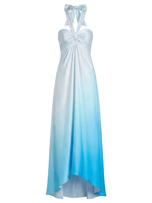 Mac Duggal Charmeuse Ombre Gown With Halter Neck And Tie Detail - Blue