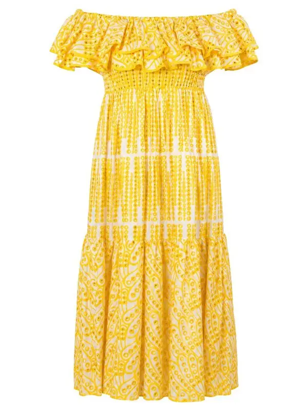 AMAANALUX Broderie Anglaise Off-the-shoulder Midi Dress - Yellow