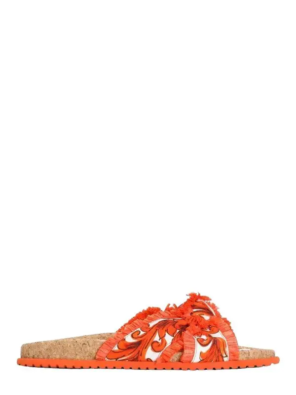 Dolce & Gabbana Majolica-print Brocade Flat Slippers With Raffia Fringe - Orange