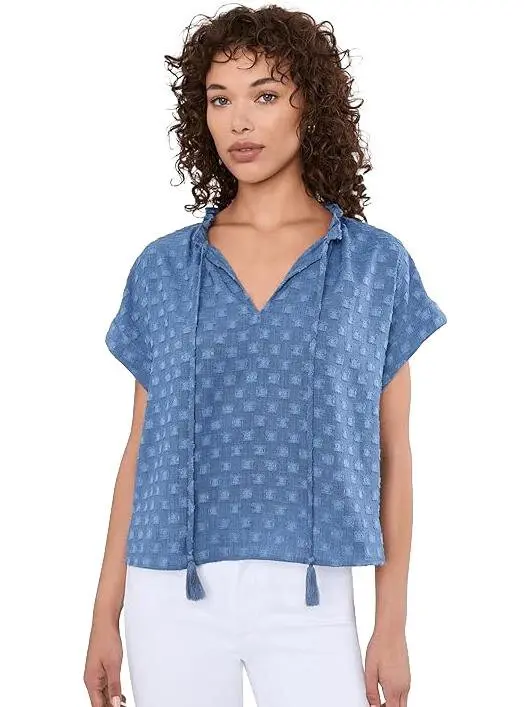 Vince Camuto V-neck Top With Front Tie And Rolled Short Sleeves - Blue
