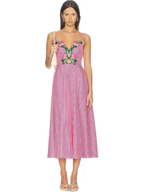 Saloni Embroidered Cotton Midi Dress - Cerise Mini Stripe