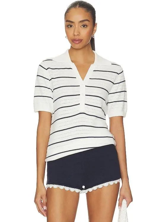 Varley Wren Knit Polo Top - White & Blue Night