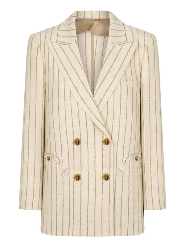 BLAZÉ MILANO Double-breasted Pinstripe Linen Blend Blazer - Tea