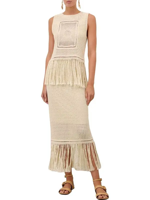 Zimmermann Indra Crochet Fringe Midi Skirt - Beige