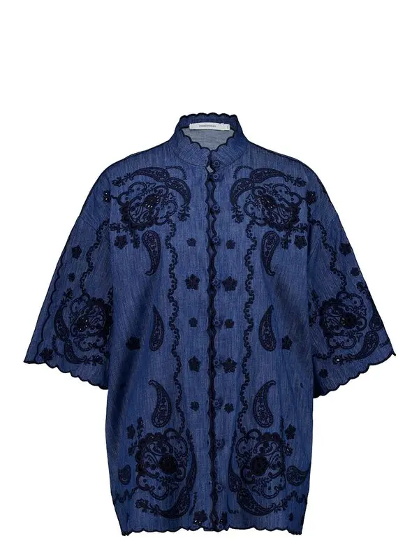 Zimmermann Railway Aster Embroidered Denim Shirt - Blue