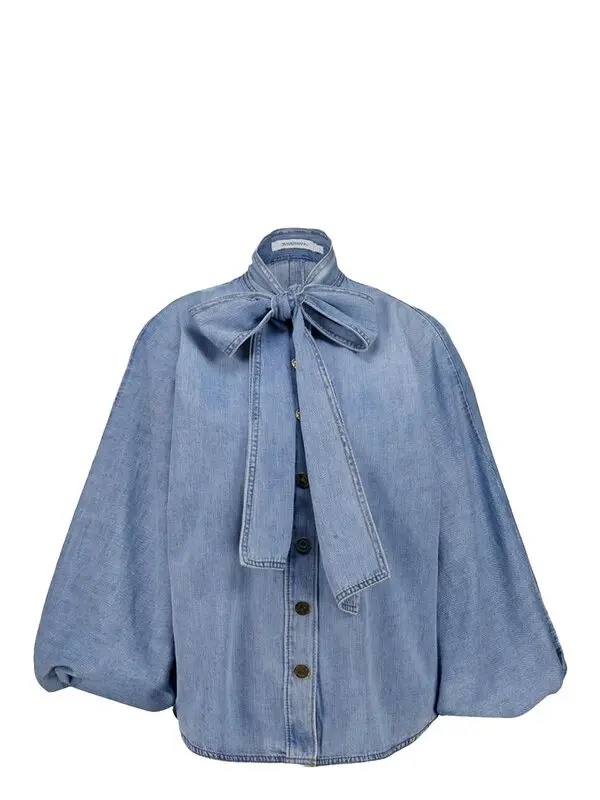 Zimmermann Skylark Indra Denim Tie Neck Blouse - Blue