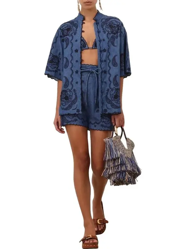 Zimmermann Railway Aster Embroidered Denim Shorts - Blue