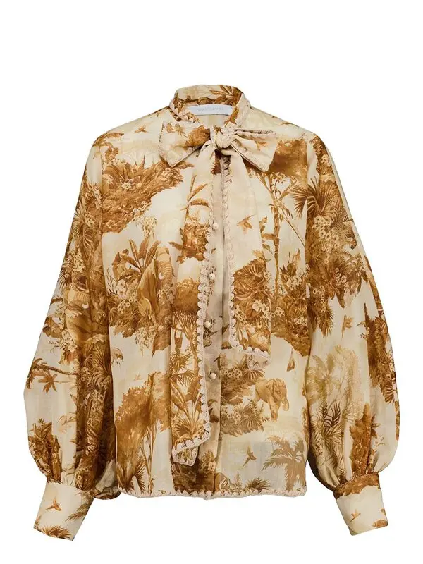 Zimmermann Indra Tie Neck Blouse In Coffee Safari Print - Brown