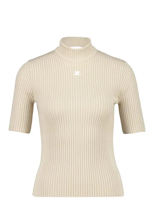 COURREGES Rib Knit High Neck Short Sleeve Sweater - Beige