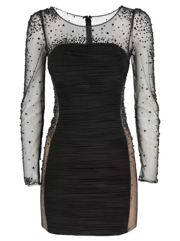 Vintage Beaded Ruched Dress - Black
