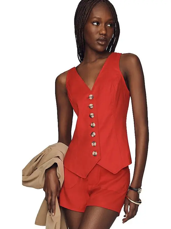 Anthropologie Halsey European Linen Stretch Button Front Blouse - Cherry Bomb
