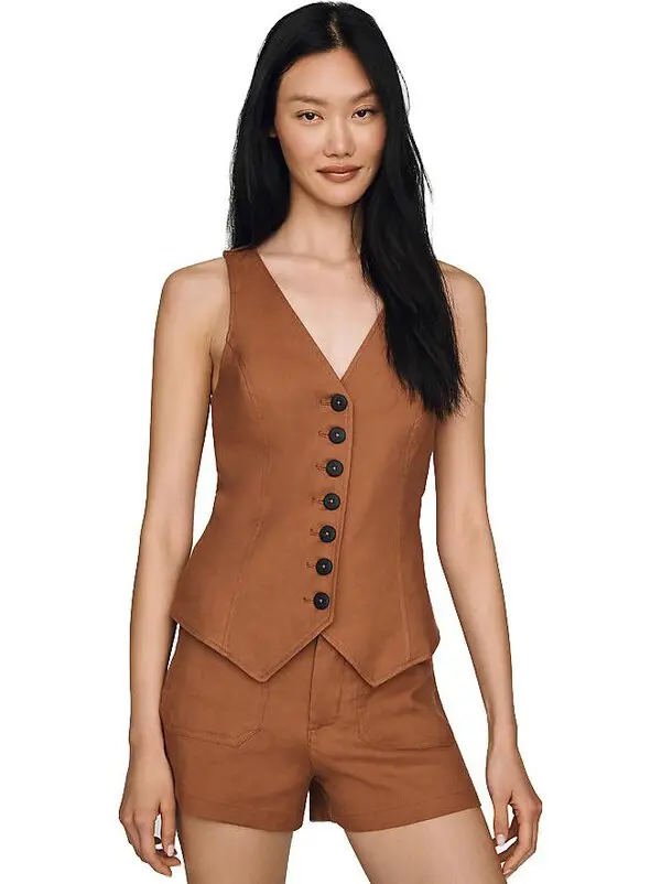 Anthropologie Halsey European Linen Stretch Button Front Vest - Cocoa Dust