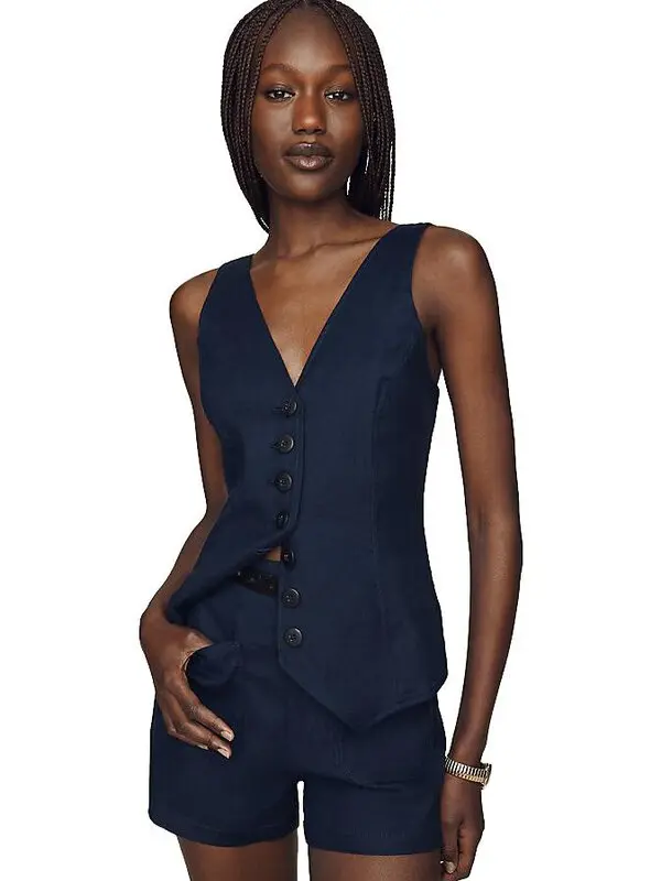 Anthropologie Halsey European Linen Stretch Button Front Blouse - Maritime Blue