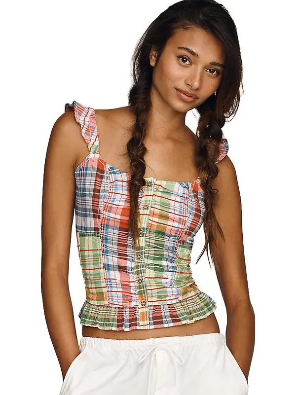 PILCRO Fitted Button Front Peplum Top With Ruffled Straps - Multi Plaid