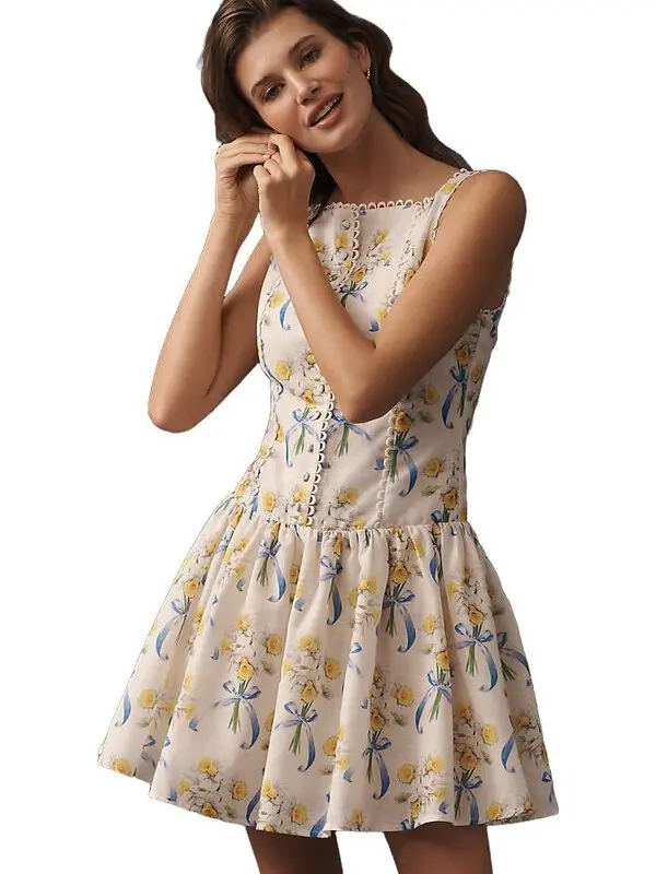 EN SAISON Short-sleeve Drop-waist Mini Dress - Yellow Floral