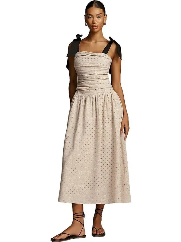 EN SAISON Tie-strap Ruched Bodice Midi Dress - Tan