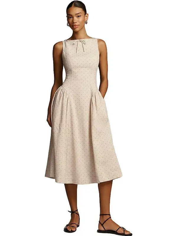 EN SAISON Boat-neck Bow Midi Dress - Neutral Black Dot