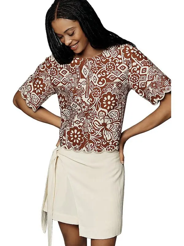 DOLAN LEFT COAST Scalloped Trim Printed Top - Brown/white Print
